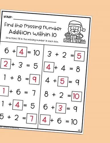 Santa Missing Number Addition Within 10 Find the Missing Number ...