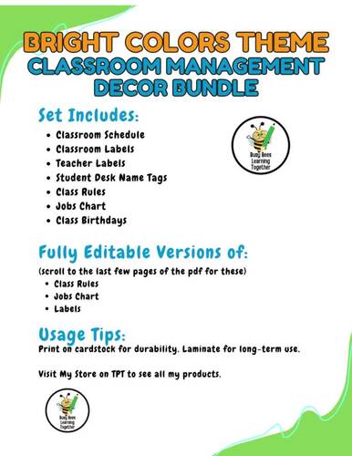 Bright Colors Theme Classroom Management Decorating Set | TPT
