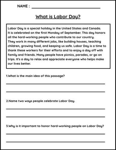 Labor Day Reading Comprehension Passages for Grades 3-4 Community ...