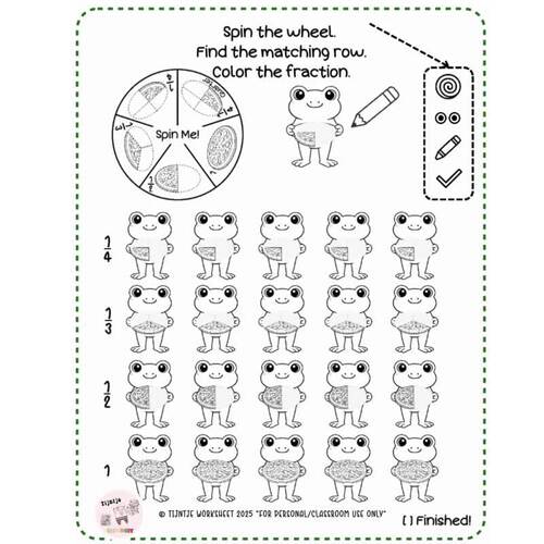 Froggy Fractions Worksheets Kindergarten Spin Match Color Printable PDF ...