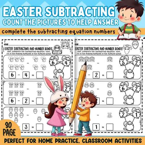 Subtracting Ten Frame & Number Bonds Worksheets, within 10 Easter Math