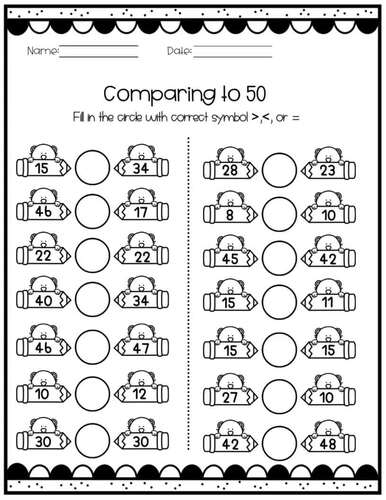 Comparing number 50 worksheets | greater than less than worksheet