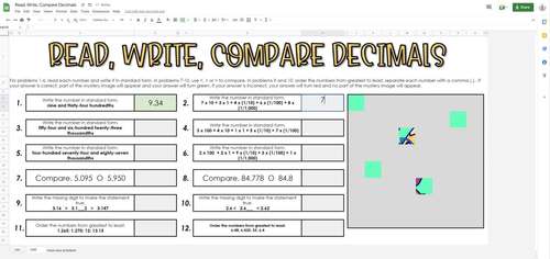 Read, Write, and Compare Decimals Digital Mystery Puzzle Pixel | 5.NBT.3