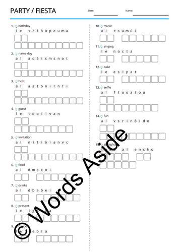 Spanish English Bilingual Vocabulary Worksheets Cards Puzzles Games PARTY