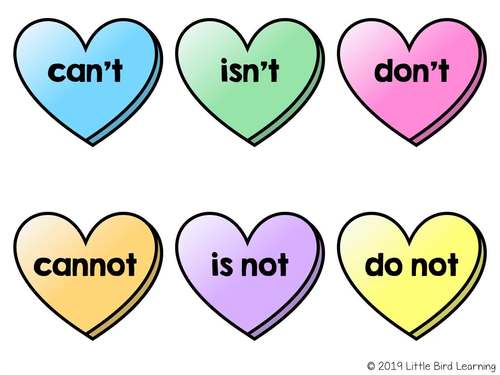 Candy Heart Contractions Valentine's Day Matching Activity | TpT