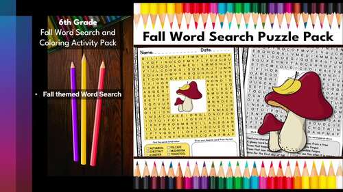 6th Grade Fall Word Search and Coloring Activity Pack for Sixth Graders