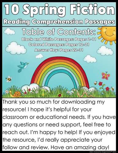 10 Spring Fiction Reading Comprehension Passages | 1st Grade 2nd Grade ...