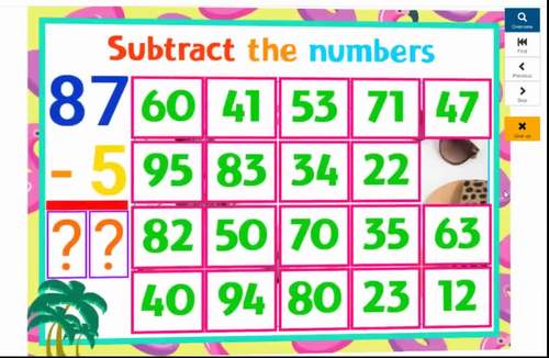 Summer Math 2 Digit by 1 Digit Subtraction Without Regrouping Boom Cards