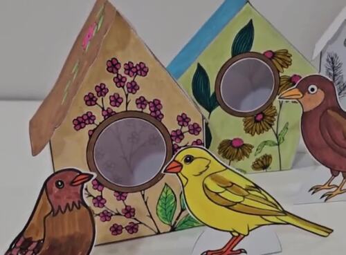 Paper Birdhouse Coloring, Kids Spring Paper Craft, Bird Paper Puppets