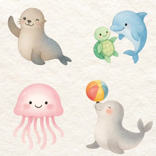 Watercolor Sea Animals Clipart | 32 PNG Bundle, Ocean Creatures by ...