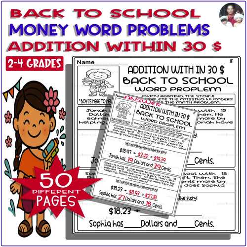 Back to School Money Math Problem Addition within 30 Start Focus Level ...