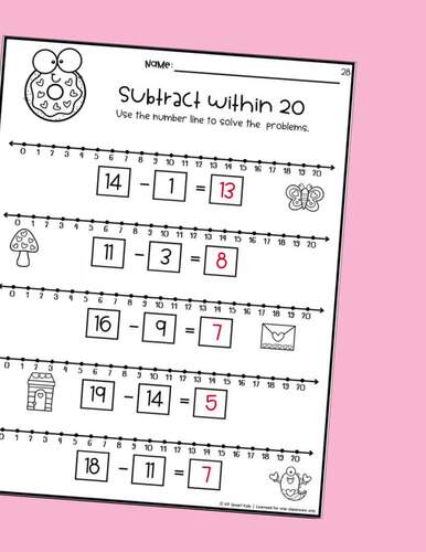 Valentine’s Day Number Line Subtraction Within 20 Worksheets No-Prep ...
