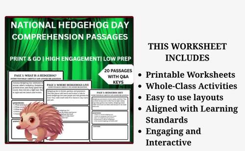 NATIONAL HEDGEHOG DAY READING PASSAGES | 20 PASSAGES WITH Q&A | GRADE 3-8