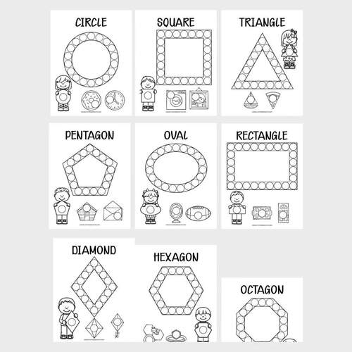 Dot the Shapes Black & White Activity Pack, Preschool Do-A-Dots Worksheets