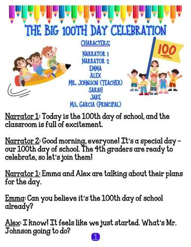 100th Day Reader's Theater Grade 4 Fluency February Fun Center ELA ...