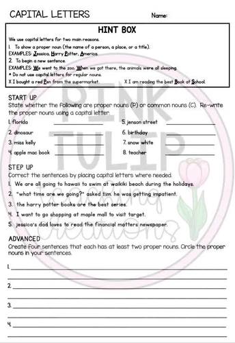 Nouns, Pronouns, and Capital Letters - Grammar Worksheets with Answers