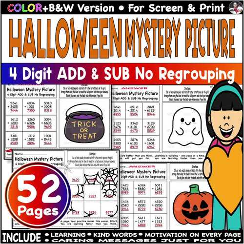 4 Digit Addition & Subtraction Without Regrouping | Halloween Mystery ...