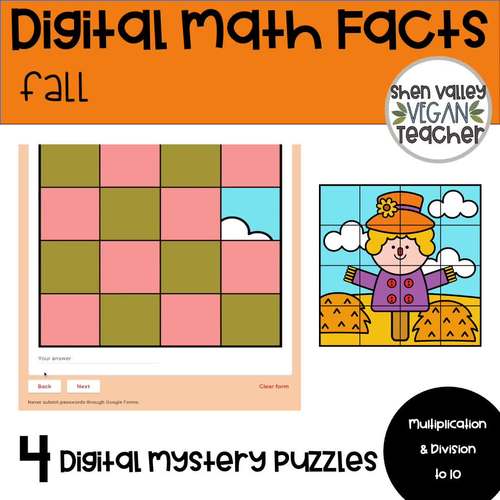 4 Mystery Puzzles Digital Math Facts FALL Multiplication & Division to 10