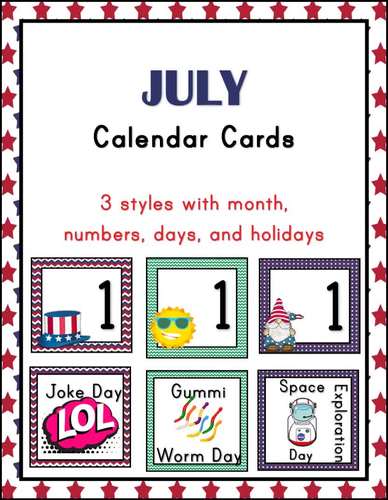 July Calendar Cards by Cindy's Treasures | TPT