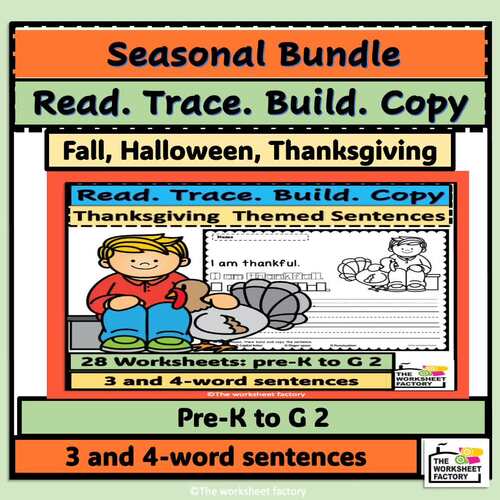 Bundle Fall Halloween Thanksgiving Literacy WorksheetsTrace Build Copy G1-2