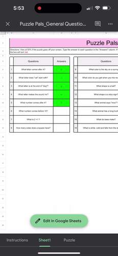 Puzzle Pals: Digital Self-Checking Google Sheets Game with 16 Questions ...