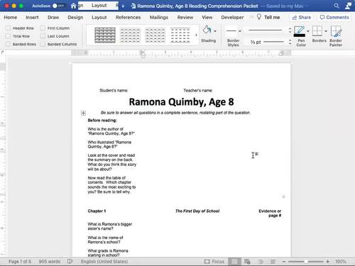 Editable: Ramona Quimby, Age 8 - Reading Comprehension Packet - Word