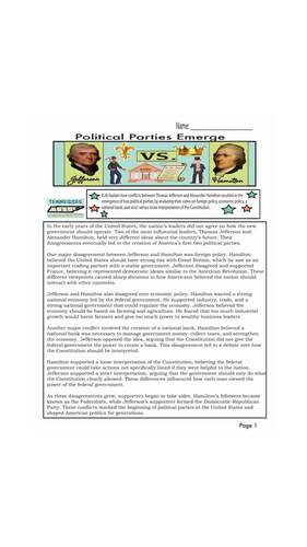 Political Parties Emerge | Jefferson vs. Hamilton Reading Packet | TN 8.26
