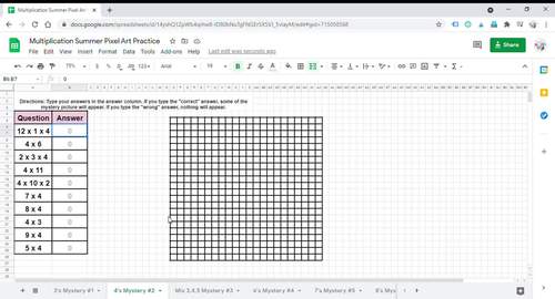 10 Pixel Art | Summer Themed | 3rd-4th Math | Digital Multiplication Facts