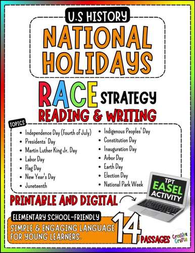 National Holidays RACE Writing & Reading Passages | U.S History Task Cards