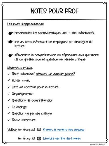 Compréhension de lecture texte informatif en français French reading ...