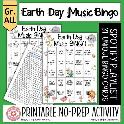 EARTH DAY Music Bingo, Spotify Bingo Playlist, Middle School Music ...