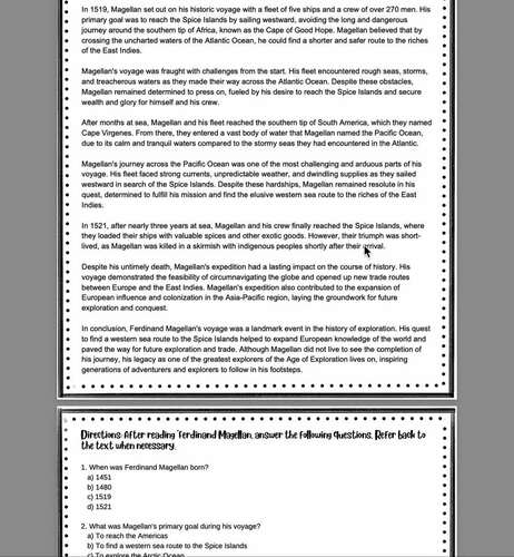 Ferdinand Magellan Reading Comprehension | Explorers Worksheet & Writing