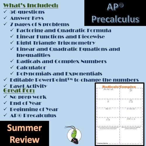 AP® Precalculus Summer Review Packet Editable - Back to School Review