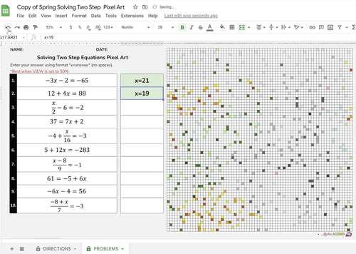 Solving Two Step Equations Algebra 1 Digital Pixel Art Activity | TpT