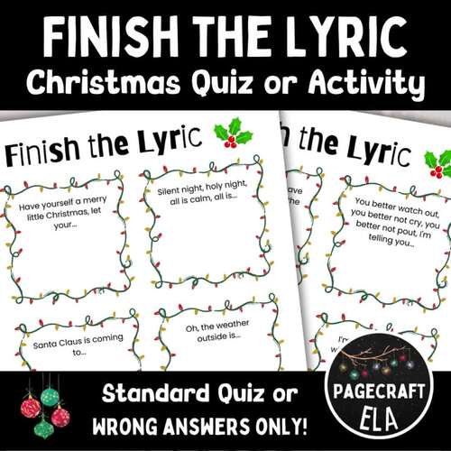 Finish the Lyric Printable Christmas Quiz or Hilarious Activity | TPT