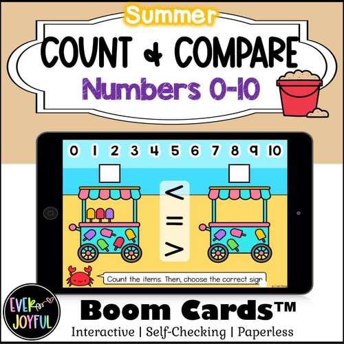 Kindergarten Summer Math Boom Cards™ Count and Compare Numbers 0-10