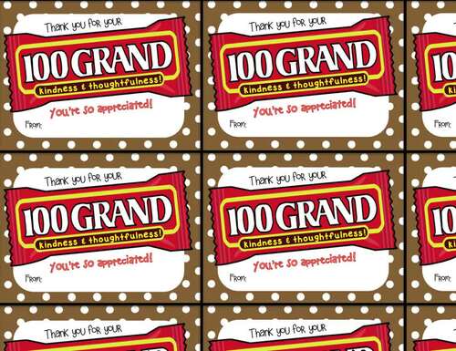 100 Grand Chocolate Bar Teacher (Staff) Appreciation Treat Tag- Thank ...