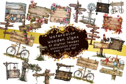Watercolor Wooden Signs Clipart - 21 PNG Files | Rustic & Seasonal Designs