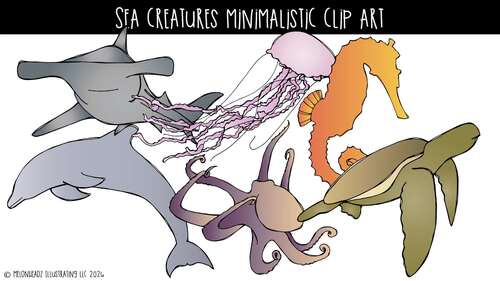 Sea Creatures clip art, Minimal Style Mini by Melonheadz Clipart