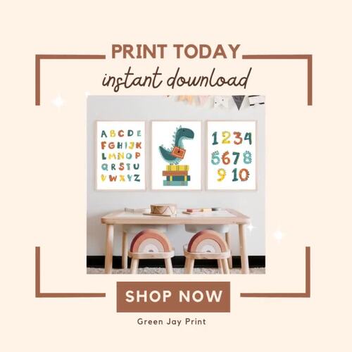 Dinosaur Alphabet ABC Poster Wall Art Set, Educational Preschool ...