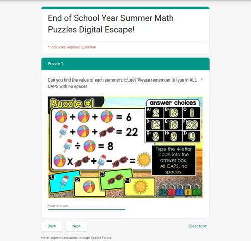 End of the Year Summer Logic Picture Puzzles Digital Math Escape Room ...