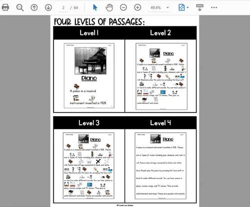 Piano Reading Comprehension Passages and Questions with Visuals | TPT
