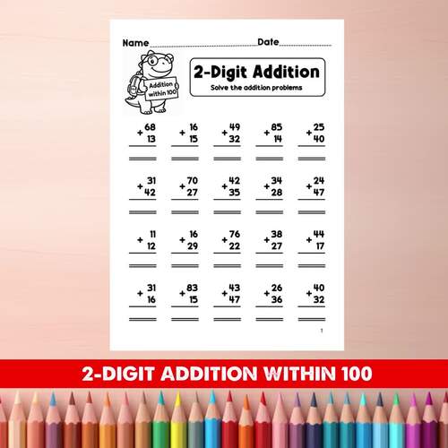 2-Digit Addition Within 100 | 100th Day of School Math | PDF + PNG 20 ...