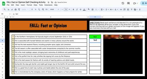 FALL FACT OR OPINION Google Sheets Mystery Picture by Mainly Middle ...