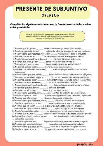 Opinion Subjunctive Practice Worksheets Opinión Subjuntivo Hojas de Trabajo