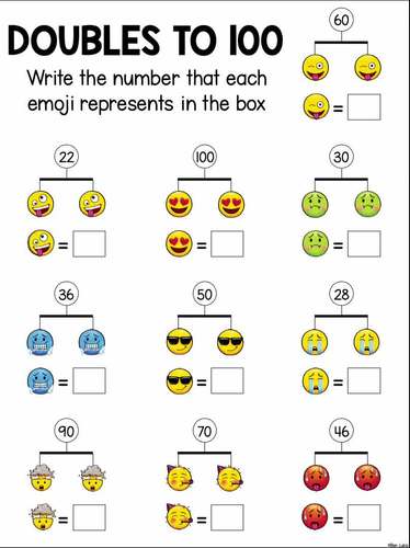 Doubles Facts to 20 and 100 - Early Algebra Printable Math Worksheets