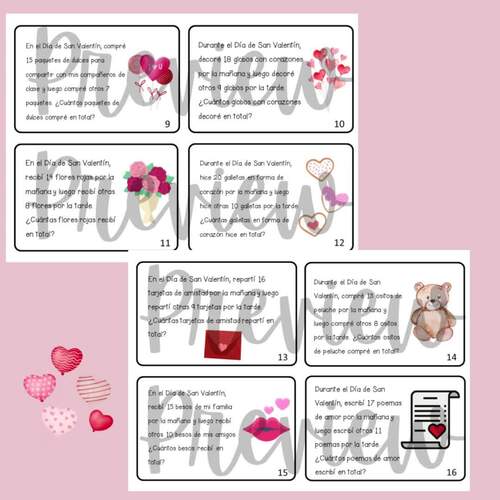 Problemas de cuento sumas de Día de San Valentín Addition Word Problems