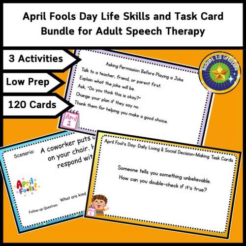 April Fools Day Life Skills and Task Card Bundle for Adult Speech Therapy