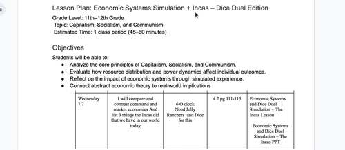 Economic Systems Simulation with Inca Focus | Editable Lesson Plan ...