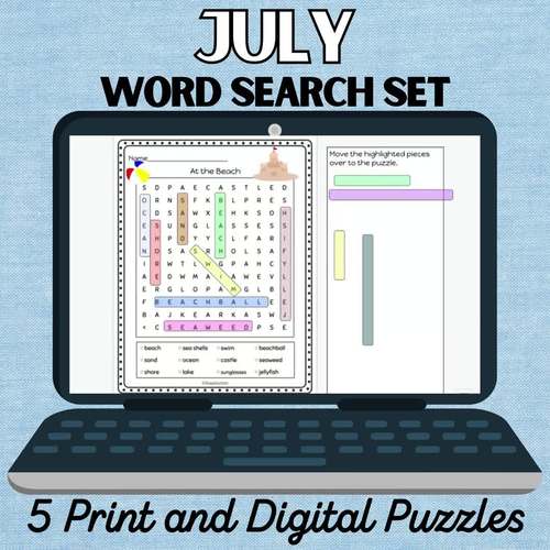 July Word Search Set Printable Pages and Digital Puzzles for Google Slides™